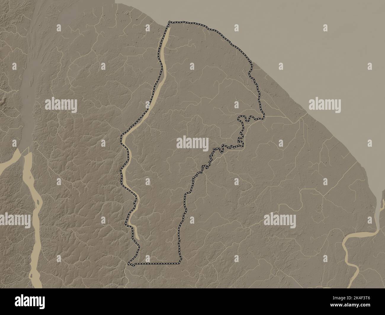 Demerara-Mahaica, region of Guyana. Elevation map colored in sepia ...