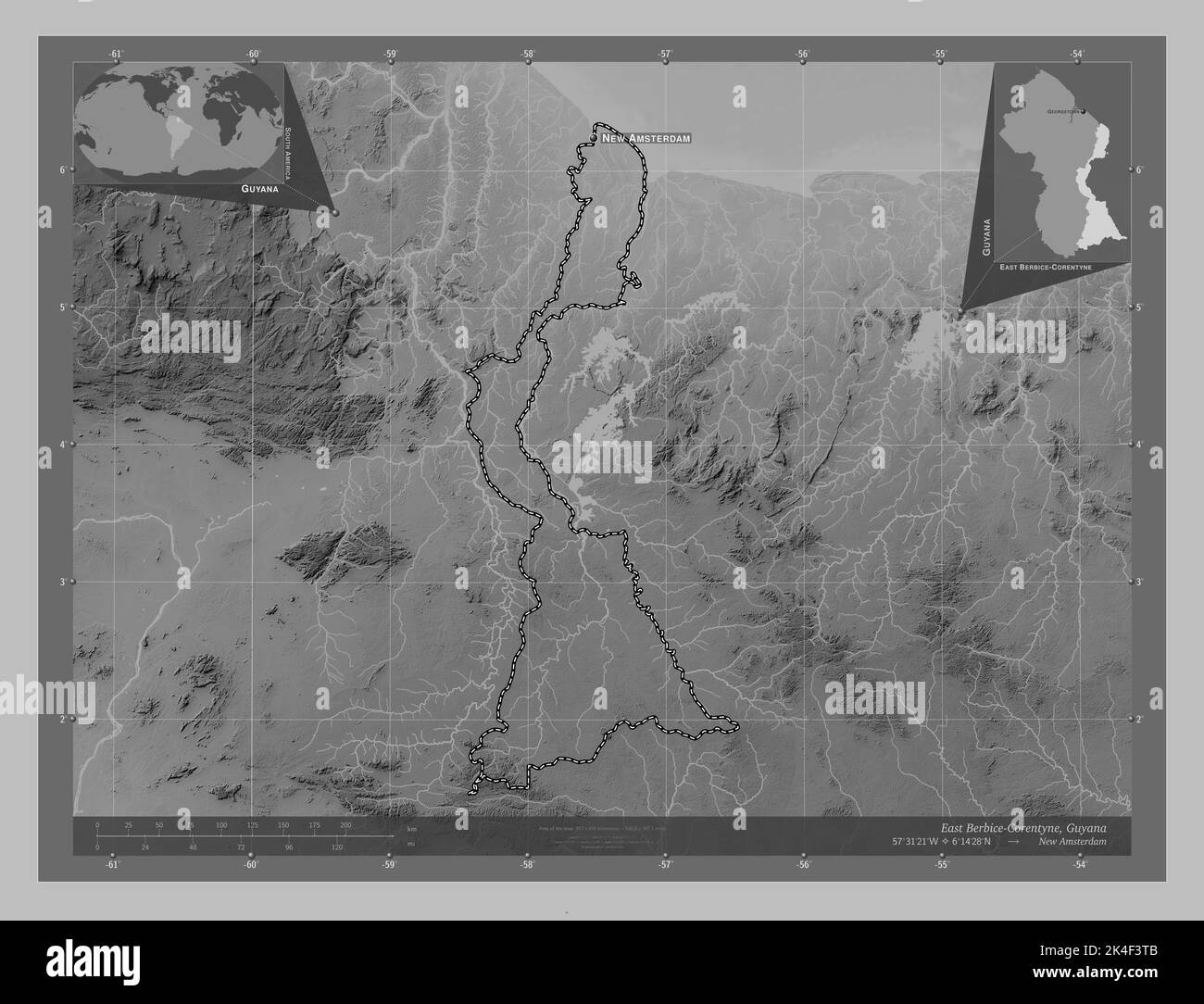 East Berbice-Corentyne, region of Guyana. Grayscale elevation map with ...
