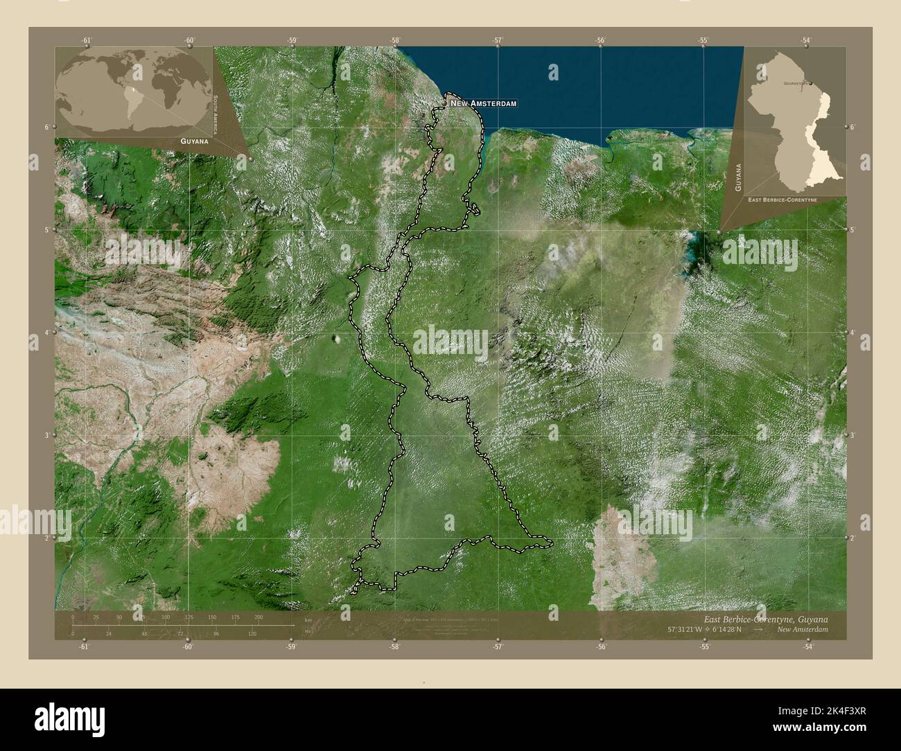 East Berbice-Corentyne, region of Guyana. High resolution satellite map ...