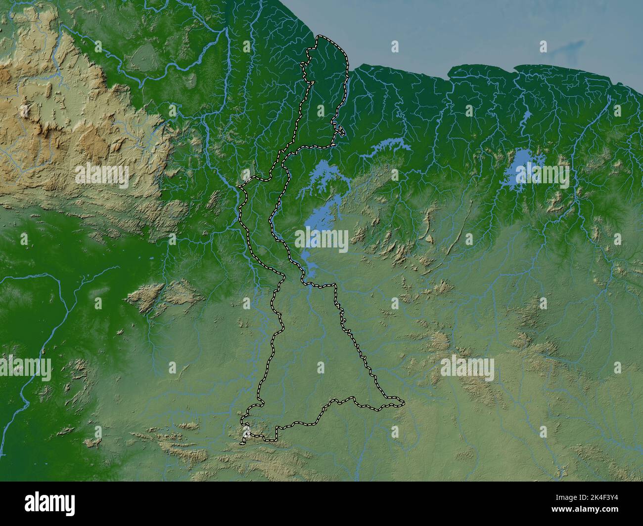 East Berbice-Corentyne, region of Guyana. Colored elevation map with ...