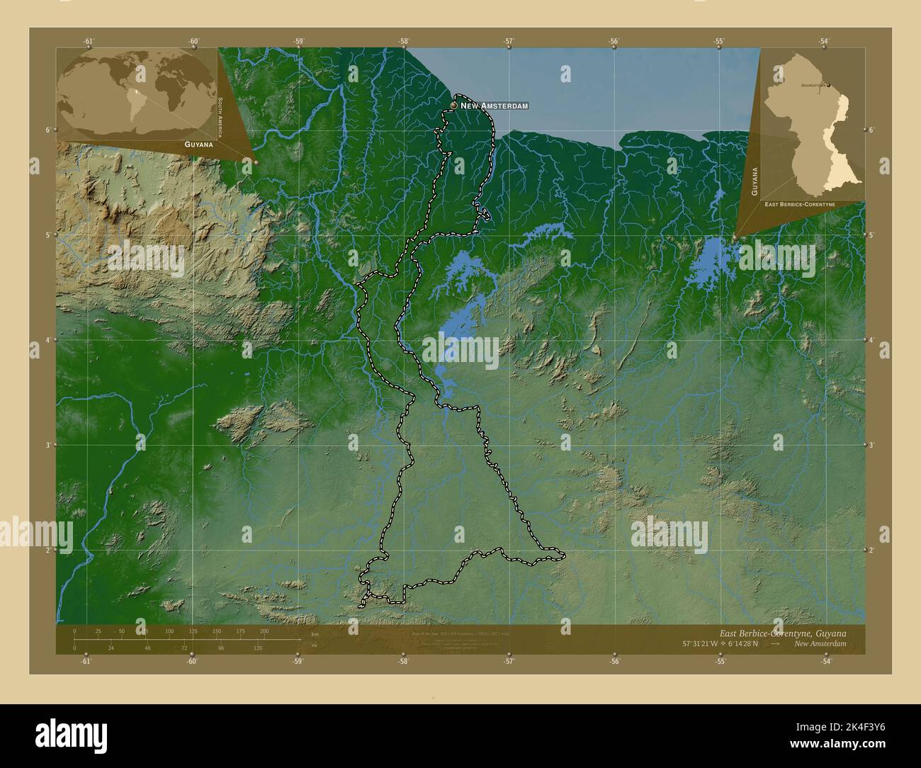 East Berbice-Corentyne, region of Guyana. Colored elevation map with ...