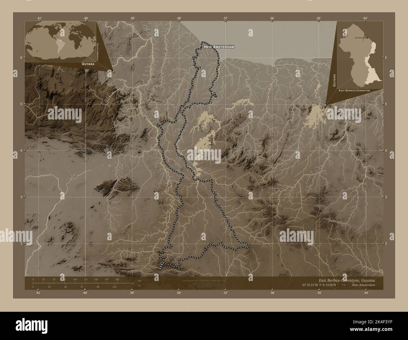 East Berbice-Corentyne, region of Guyana. Elevation map colored in ...