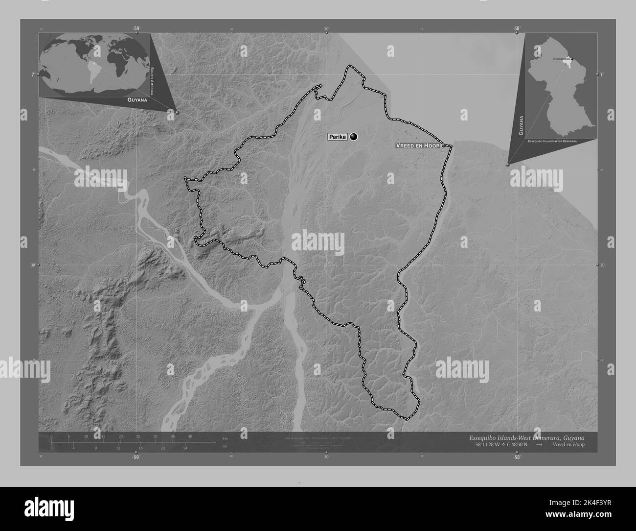 Essequibo Islands-West Demerara, region of Guyana. Grayscale elevation ...