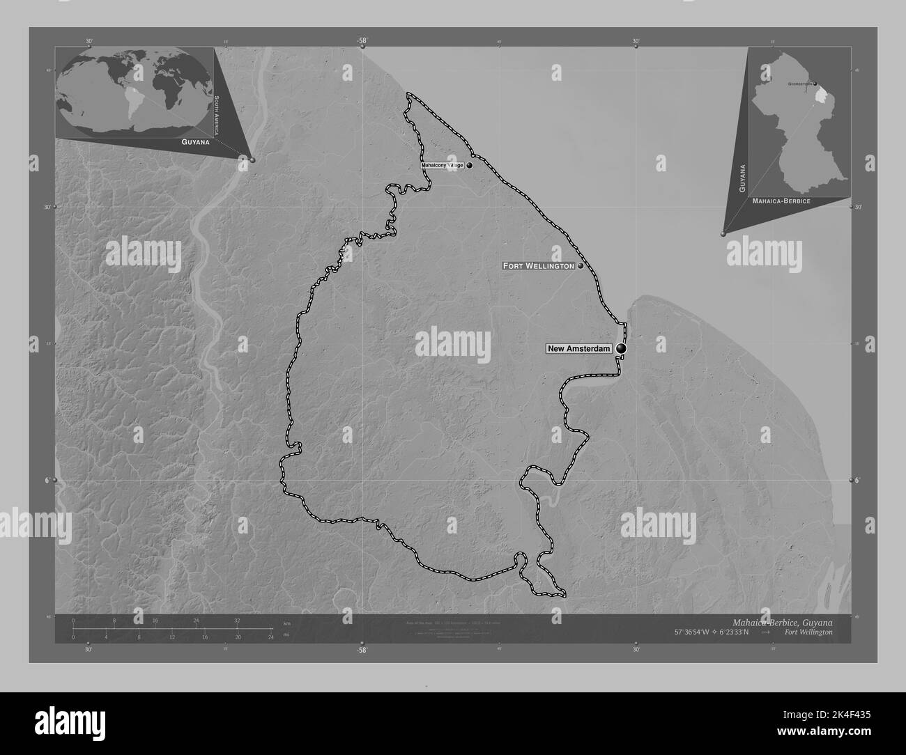 Mahaica-Berbice, region of Guyana. Grayscale elevation map with lakes ...