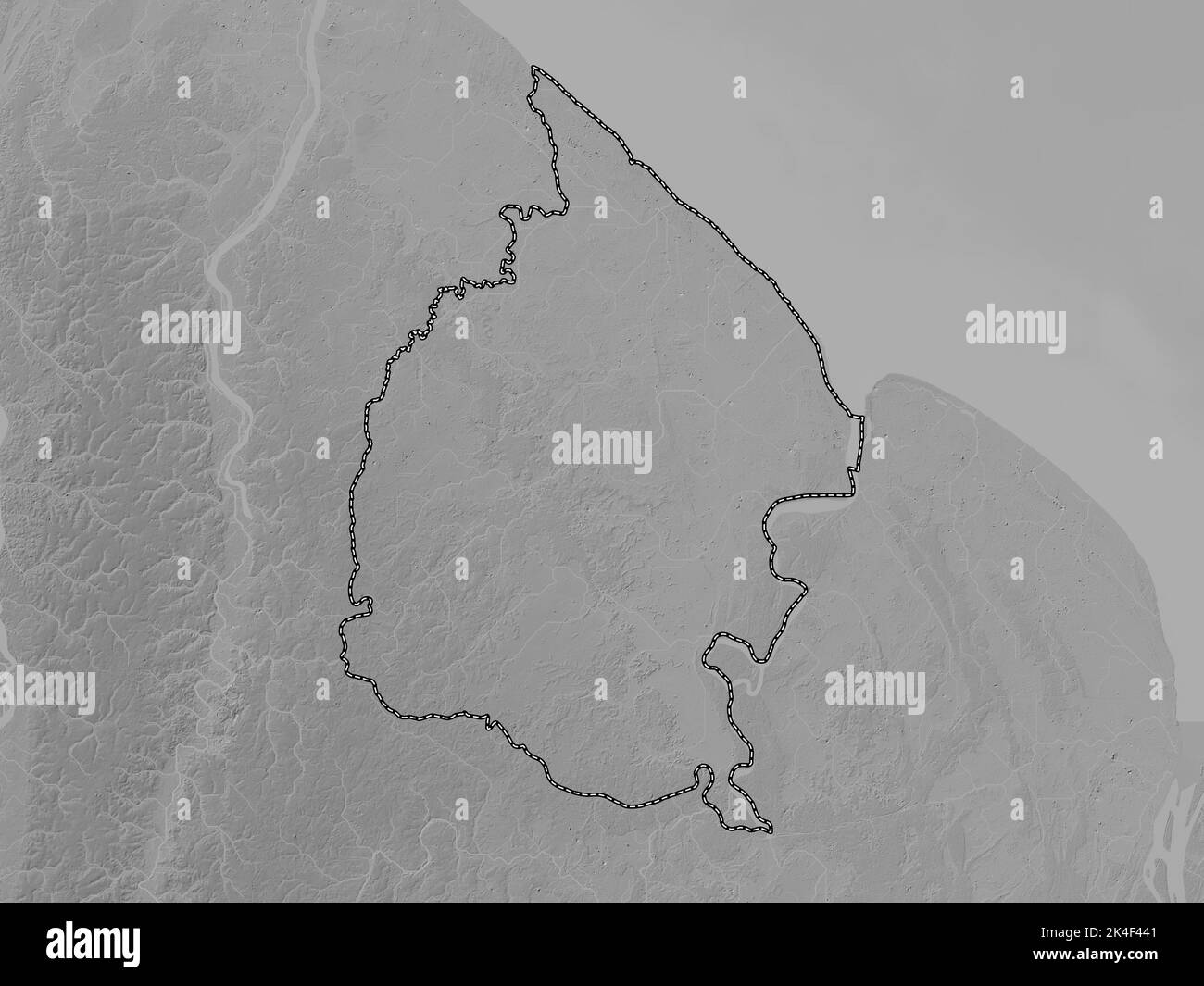 Mahaica-Berbice, region of Guyana. Grayscale elevation map with lakes ...