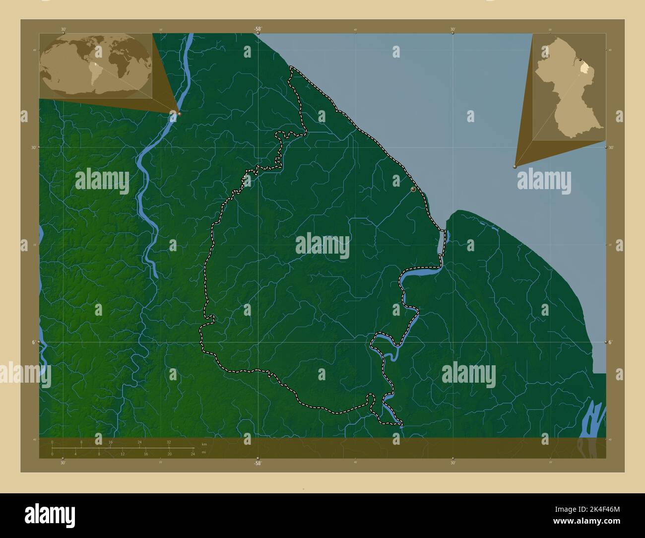 Mahaica-Berbice, region of Guyana. Colored elevation map with lakes and ...