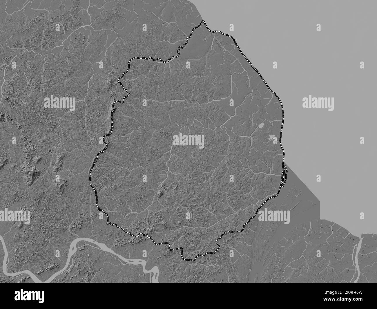 Pomeroon-Supenaam, region of Guyana. Bilevel elevation map with lakes ...