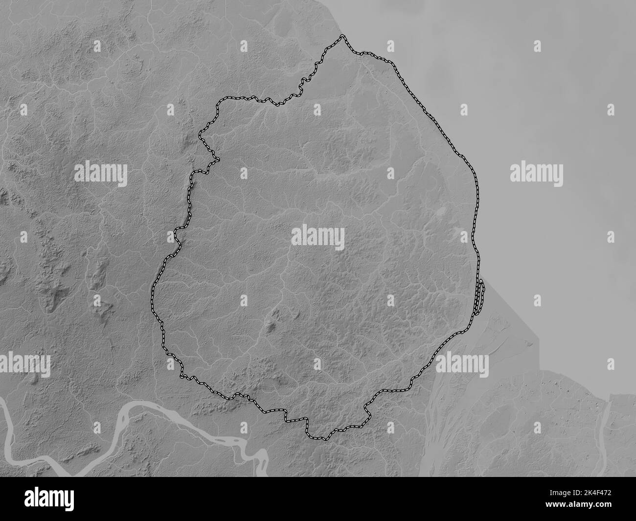 Pomeroon-Supenaam, region of Guyana. Grayscale elevation map with lakes ...
