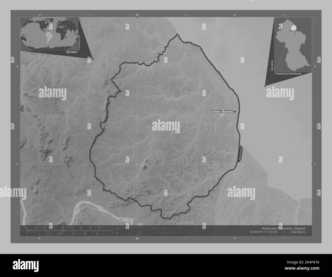 Pomeroon-Supenaam, region of Guyana. Grayscale elevation map with lakes ...