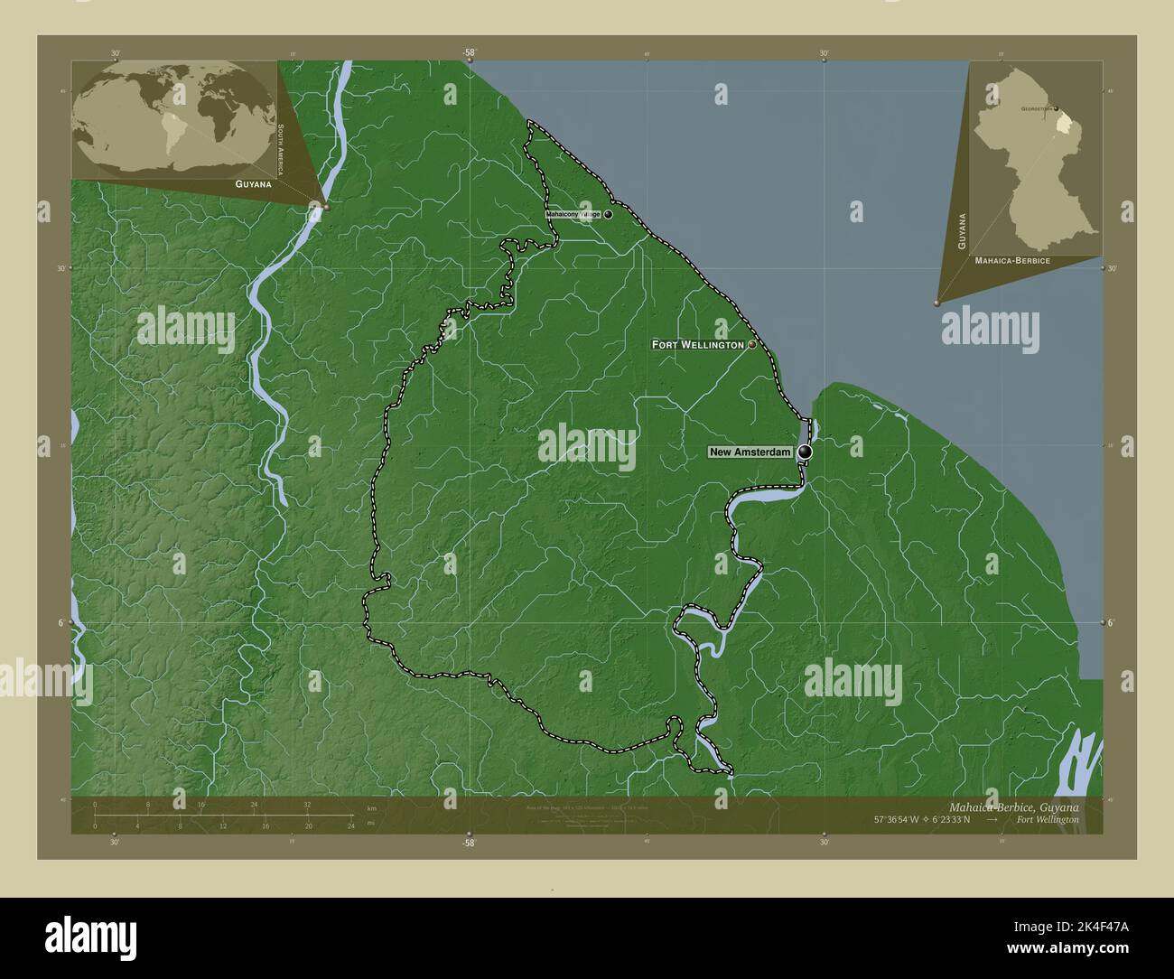 Mahaica-Berbice, region of Guyana. Elevation map colored in wiki style ...