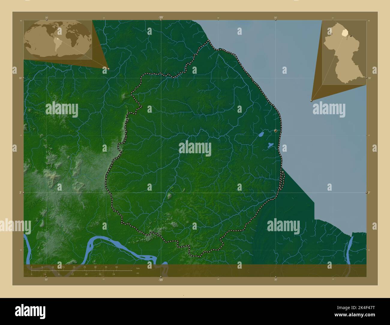 Pomeroon-Supenaam, region of Guyana. Colored elevation map with lakes ...