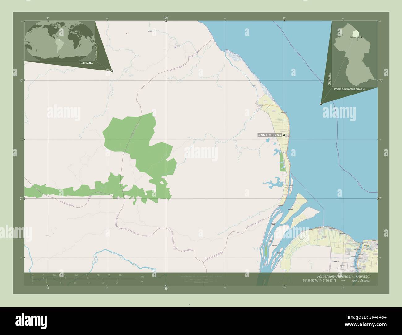 Pomeroon-Supenaam, region of Guyana. Open Street Map. Locations and ...