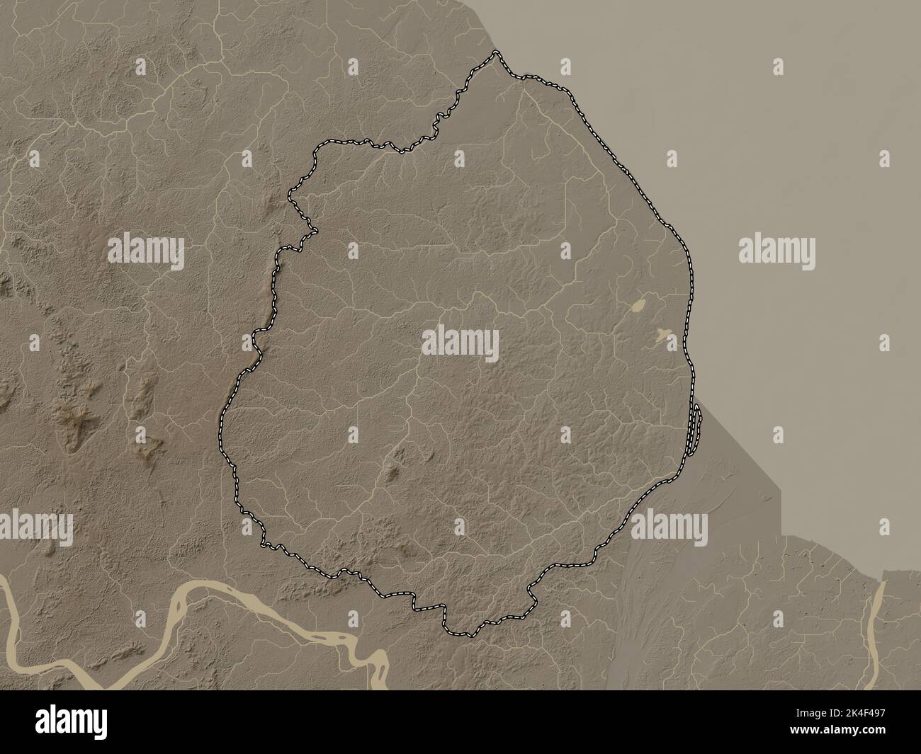 Pomeroon-Supenaam, region of Guyana. Elevation map colored in sepia ...