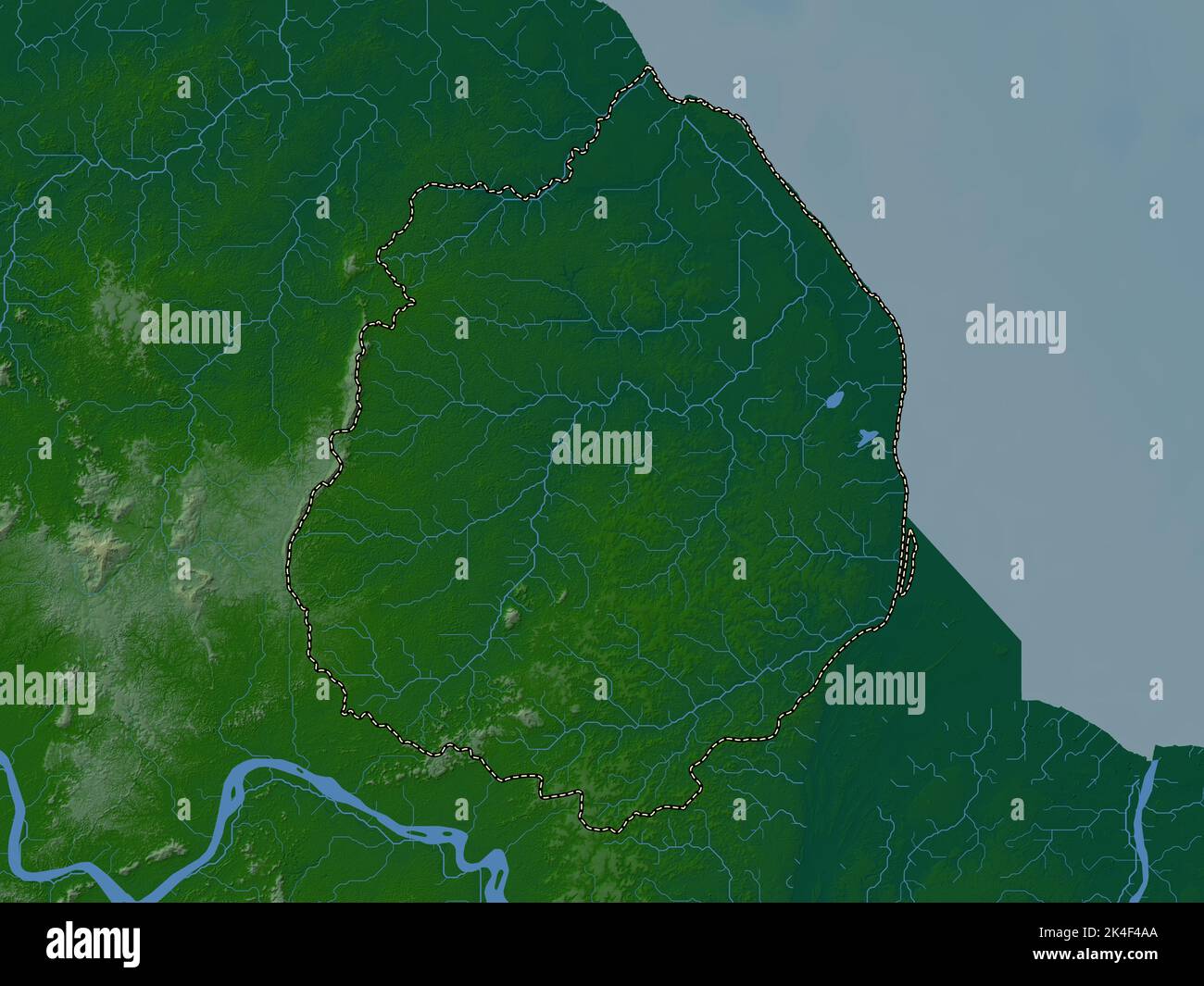 Pomeroon-Supenaam, region of Guyana. Colored elevation map with lakes ...