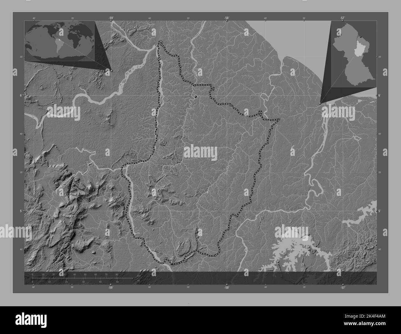 Upper Demerara-Berbice, region of Guyana. Bilevel elevation map with ...