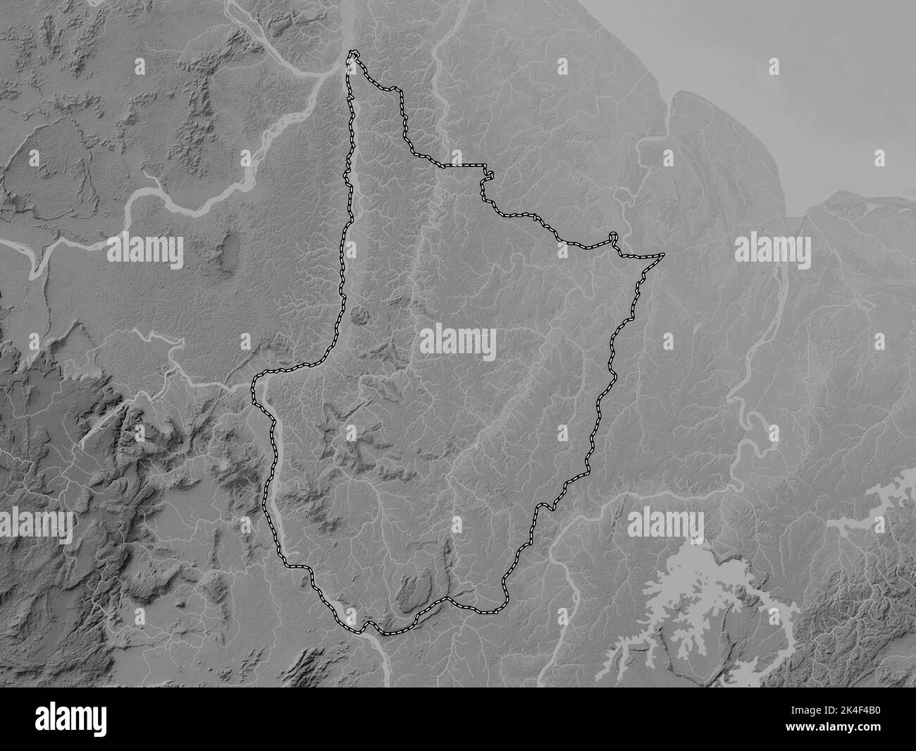 Upper Demerara-Berbice, region of Guyana. Grayscale elevation map with ...