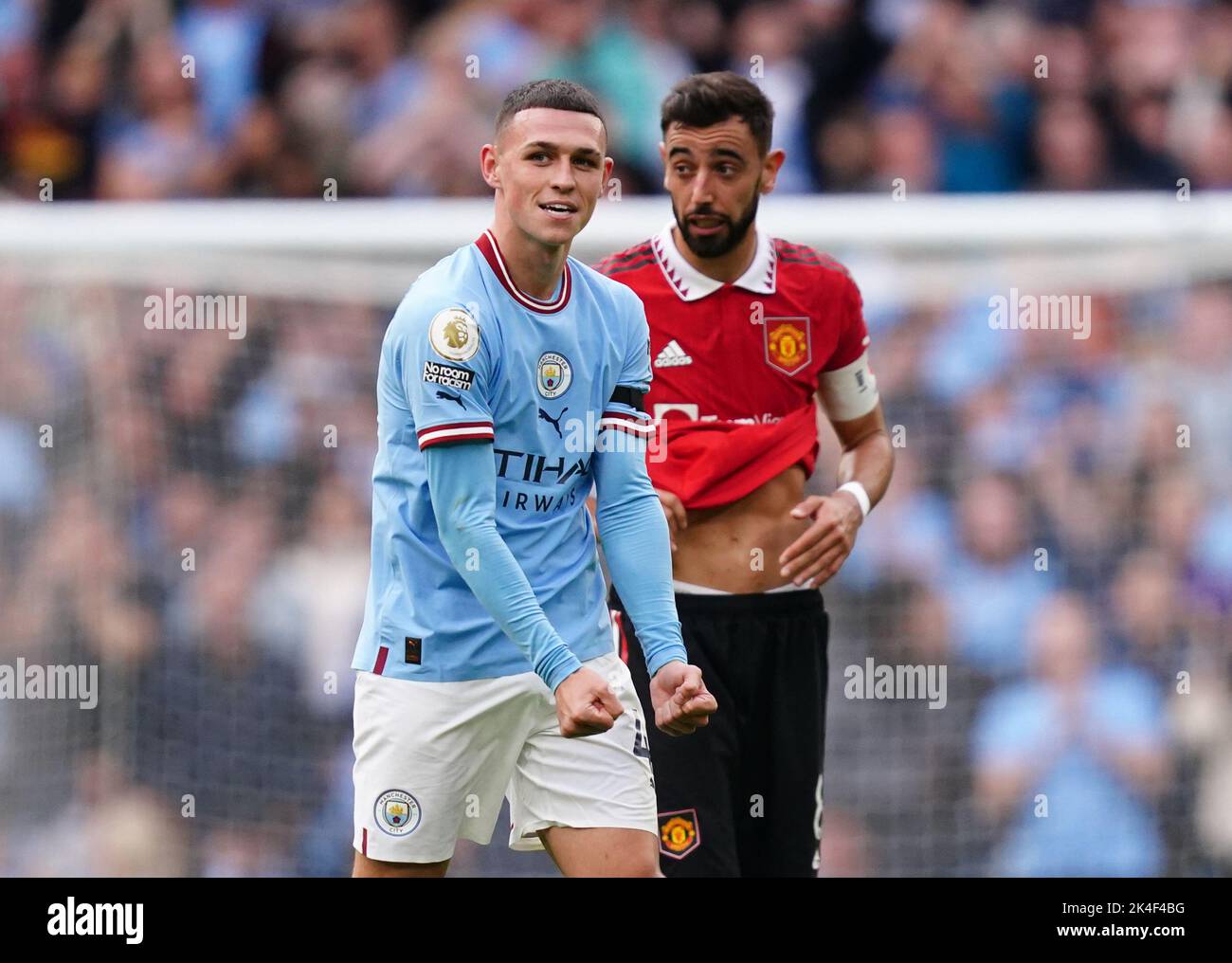 Manchester City's Phil Foden celebrates scoring their side's sixth goal ...