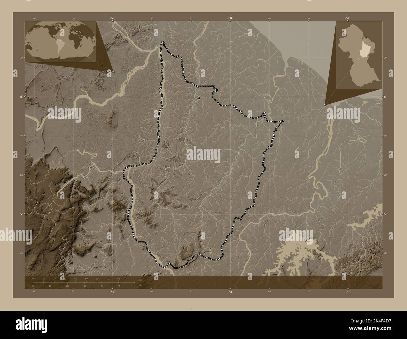 Upper Demerara-Berbice, region of Guyana. Elevation map colored in ...