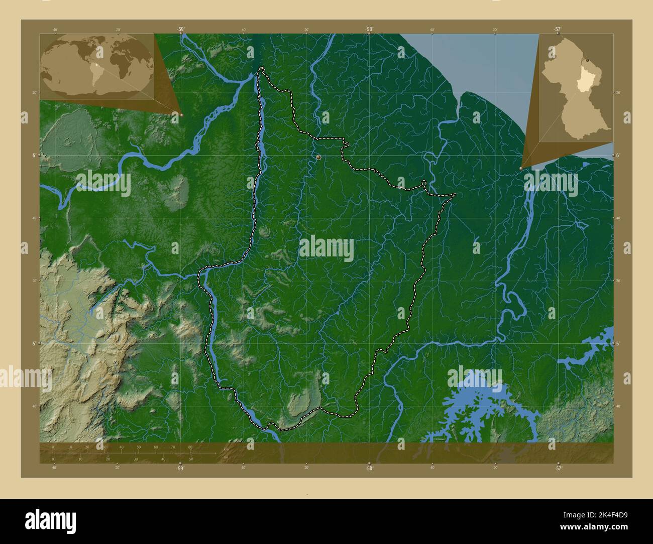Upper Demerara-Berbice, region of Guyana. Colored elevation map with ...