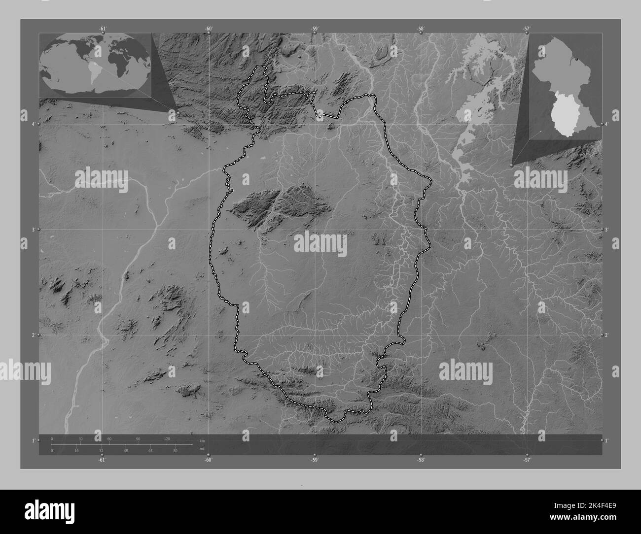Upper Takutu-Upper Essequibo, region of Guyana. Grayscale elevation map ...