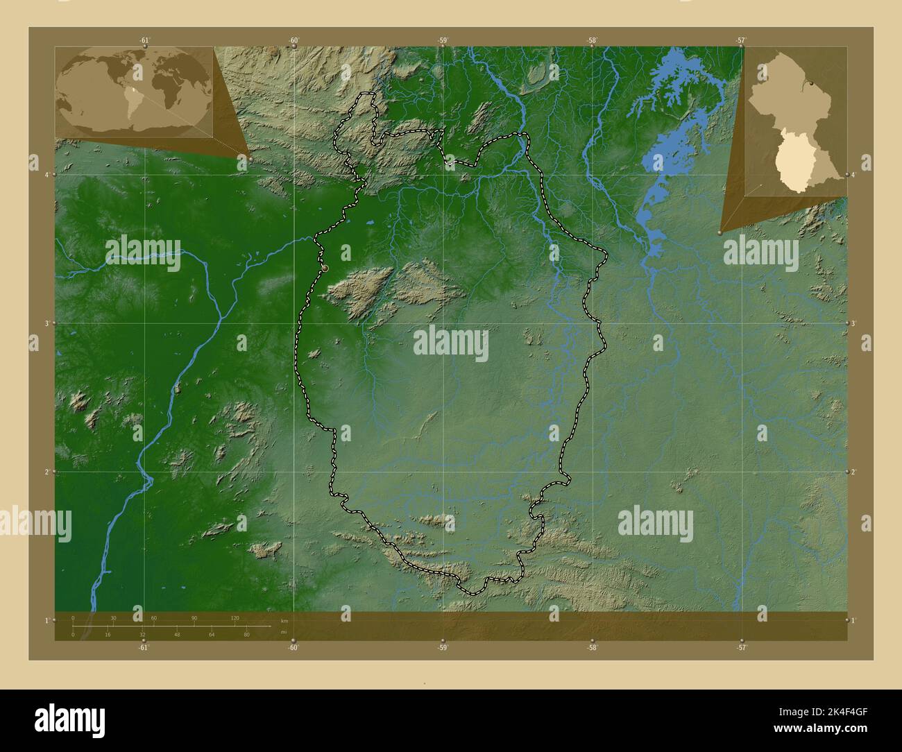 Upper Takutu-Upper Essequibo, region of Guyana. Colored elevation map ...