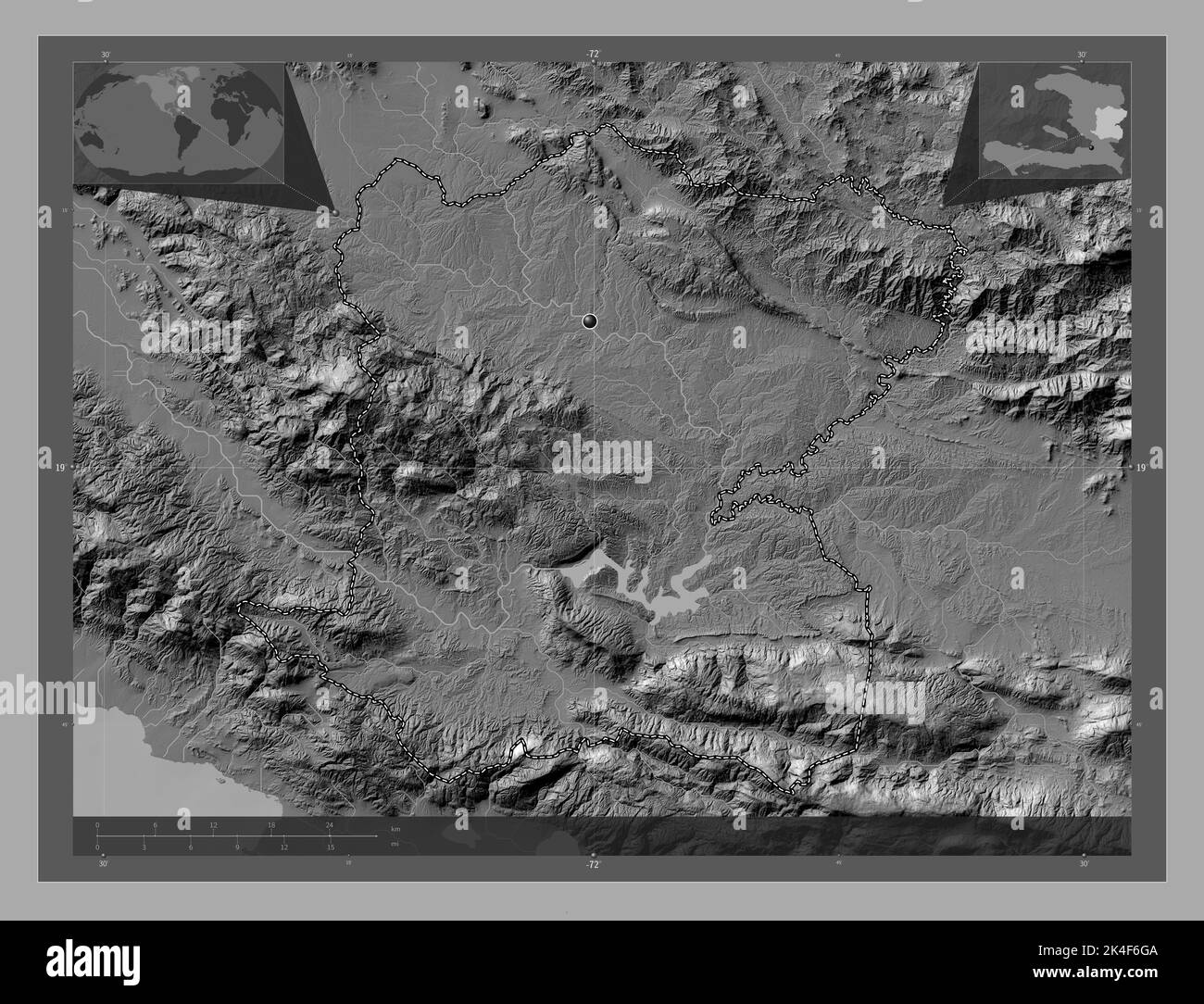 Centre, department of Haiti. Bilevel elevation map with lakes and rivers. Corner auxiliary ...