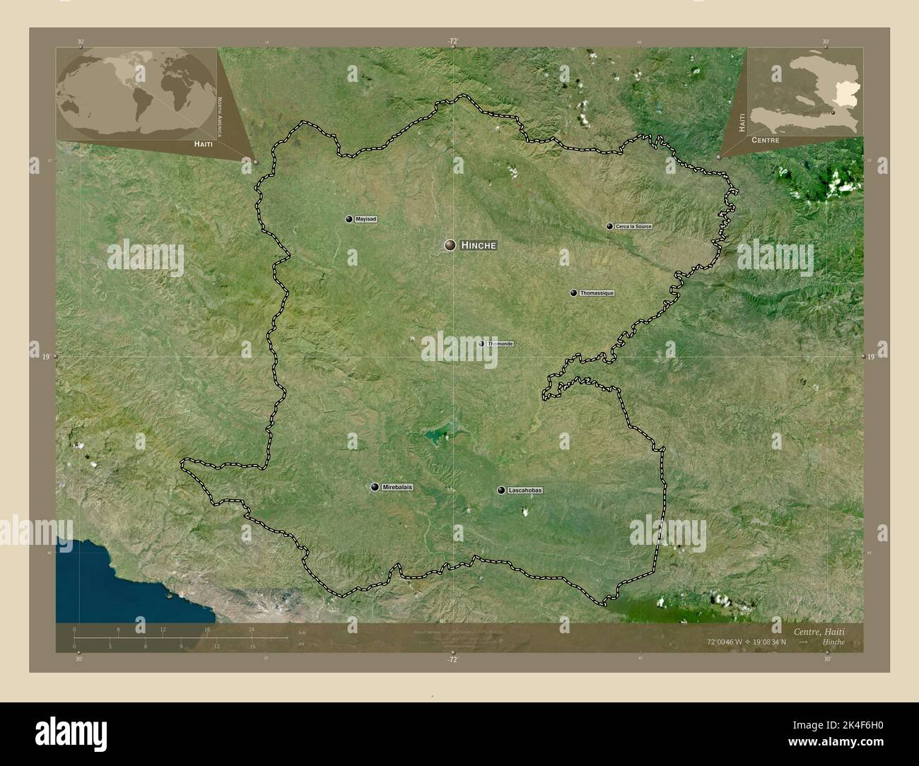 Centre, department of Haiti. High resolution satellite map. Locations ...