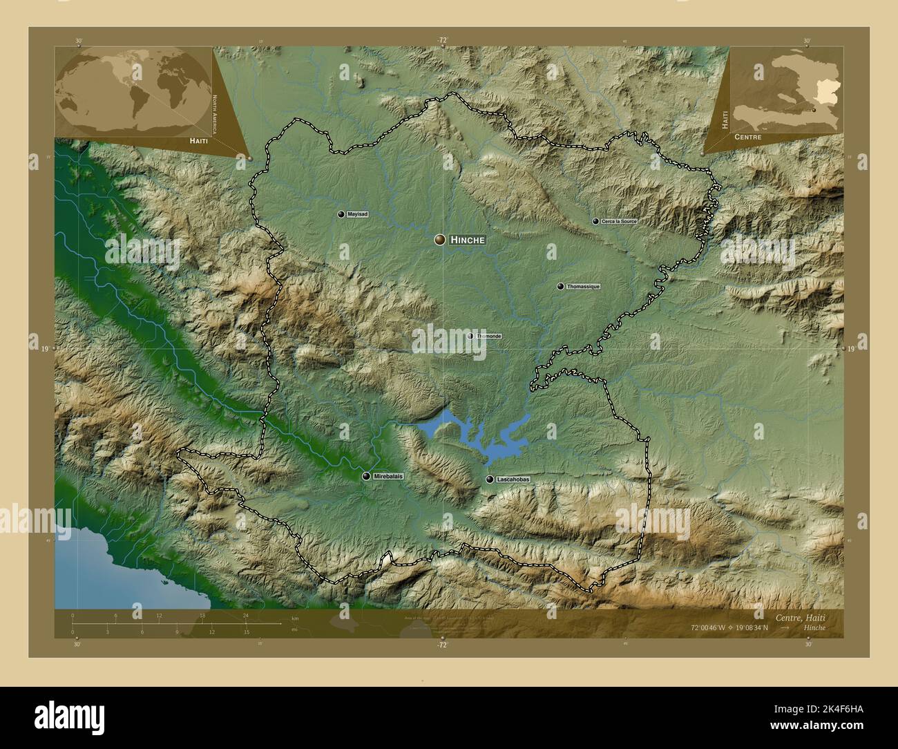 Centre, department of Haiti. Colored elevation map with lakes and ...