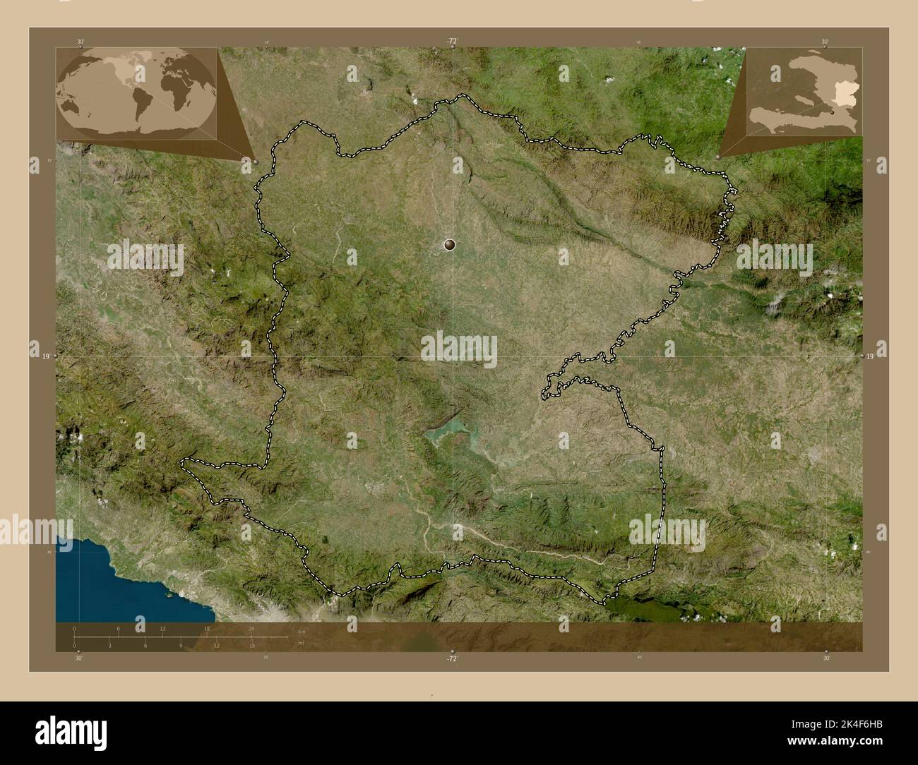 Centre, department of Haiti. Low resolution satellite map. Corner ...