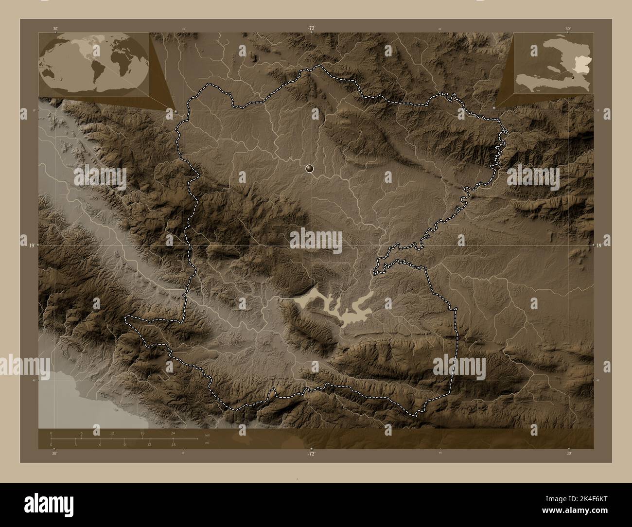 Centre, department of Haiti. Elevation map colored in sepia tones with ...