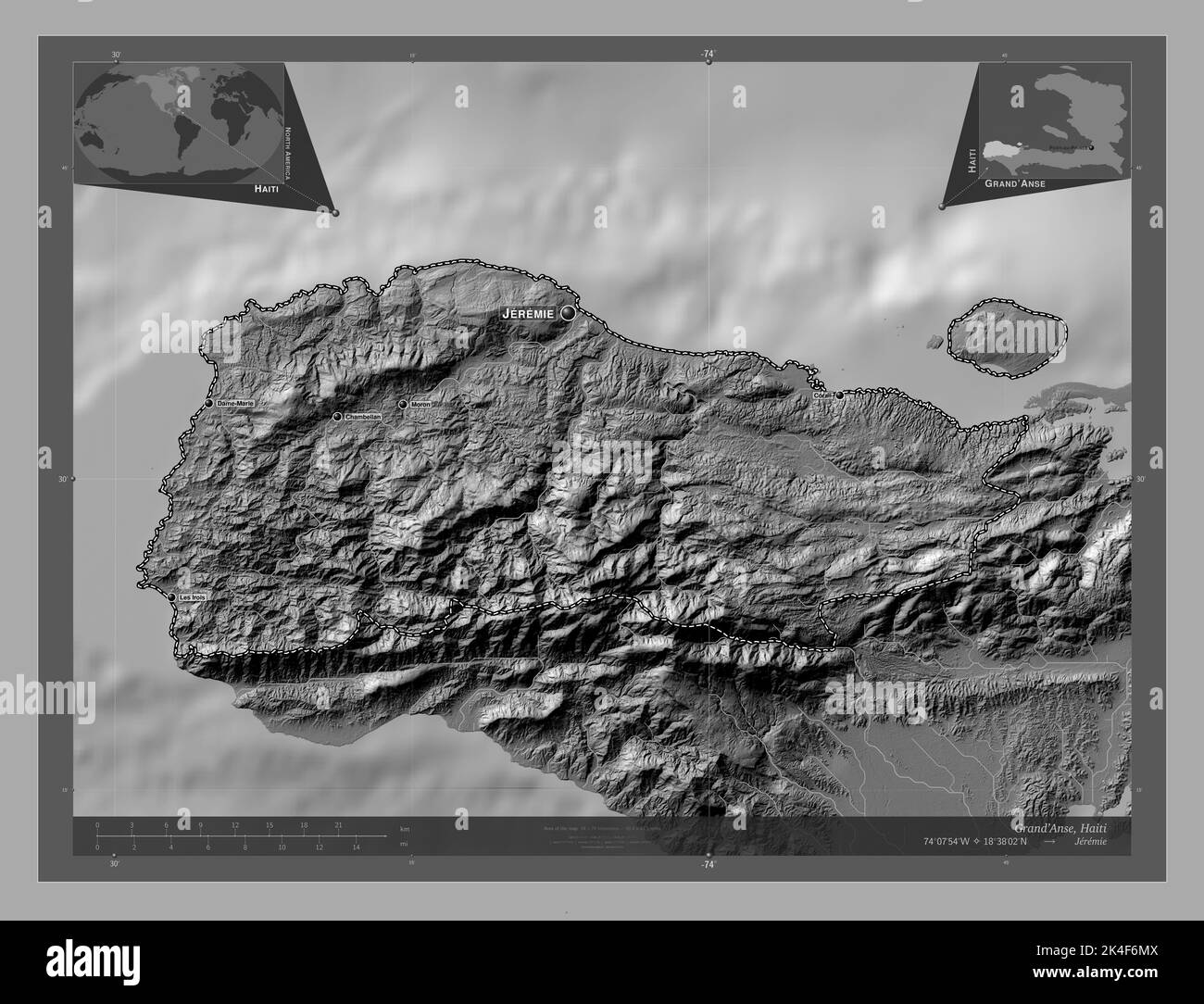Grand'Anse, department of Haiti. Bilevel elevation map with lakes and rivers. Locations and ...