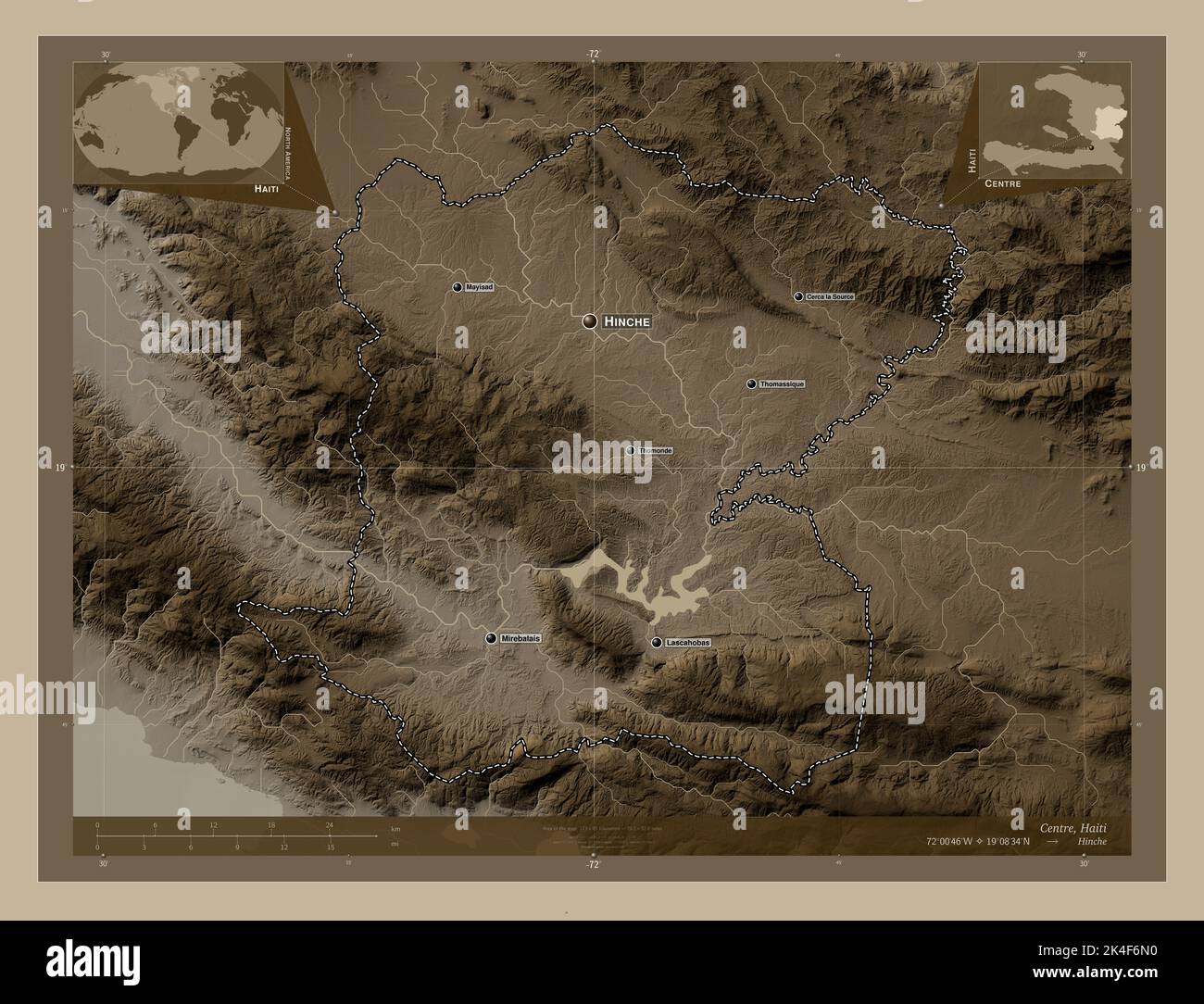 Centre, department of Haiti. Elevation map colored in sepia tones with ...