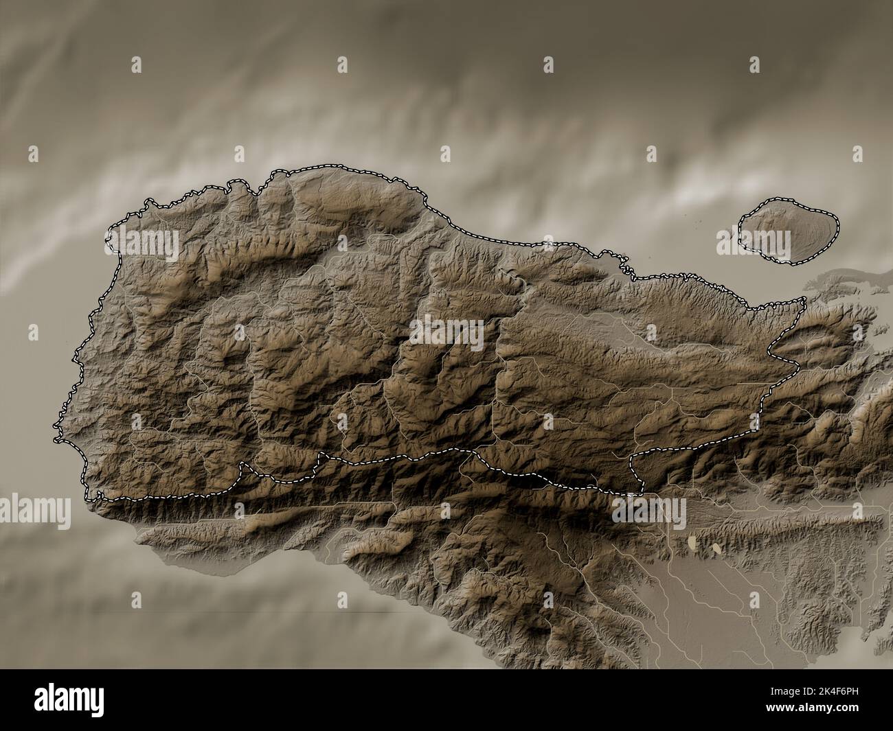 Grand'Anse, department of Haiti. Elevation map colored in sepia tones ...