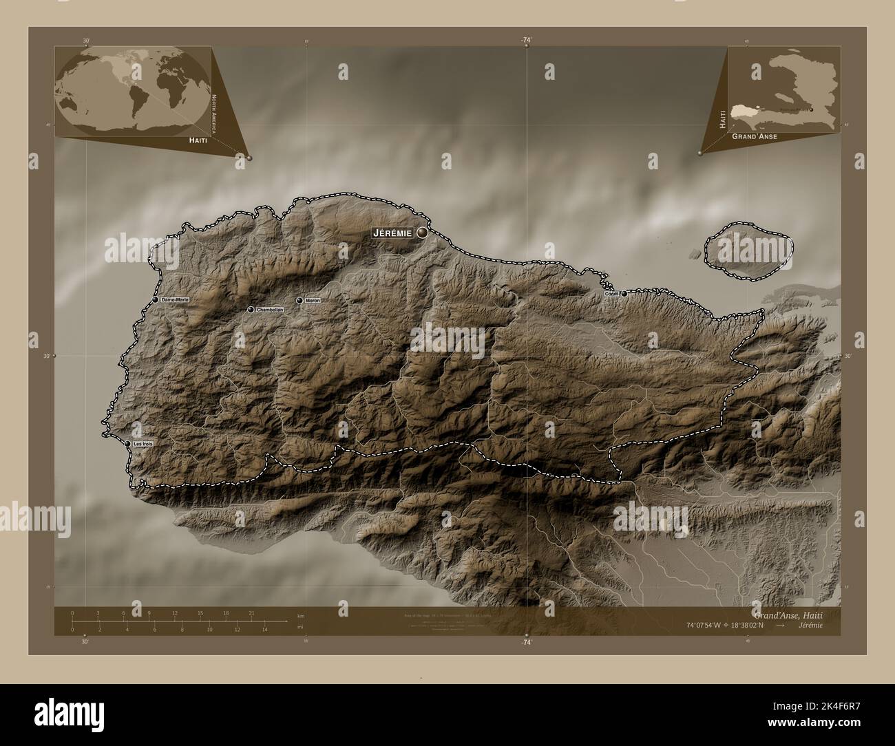 Grand'Anse, department of Haiti. Elevation map colored in sepia tones ...