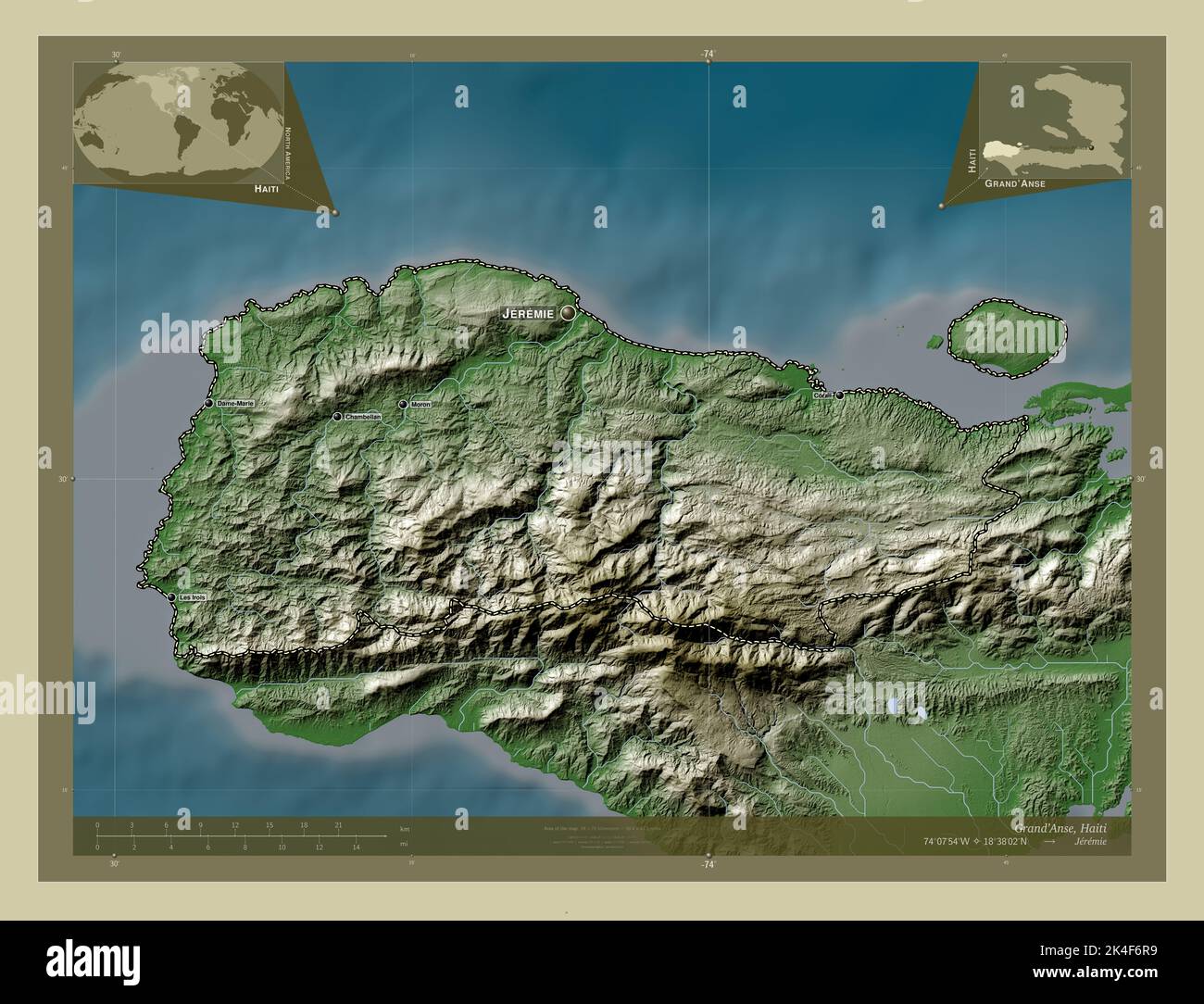 Grand'Anse, department of Haiti. Elevation map colored in wiki style ...
