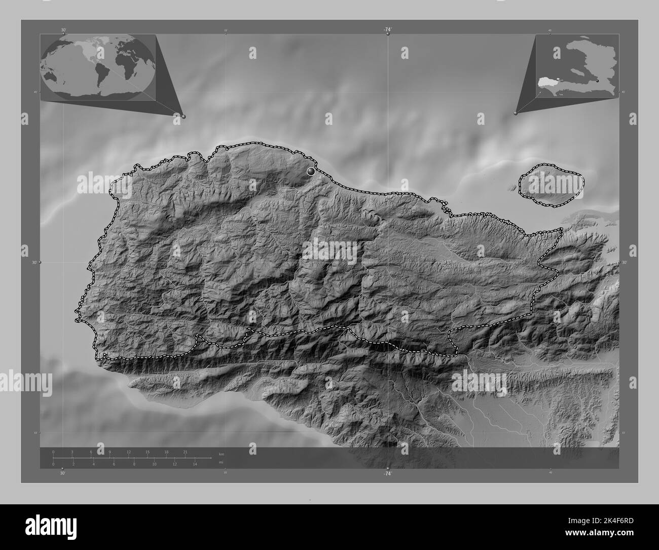 Grand'Anse, department of Haiti. Grayscale elevation map with lakes and ...