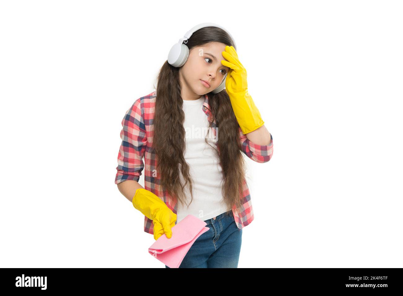 too much work. Housekeeping and home cleaning concept. child use duster ...