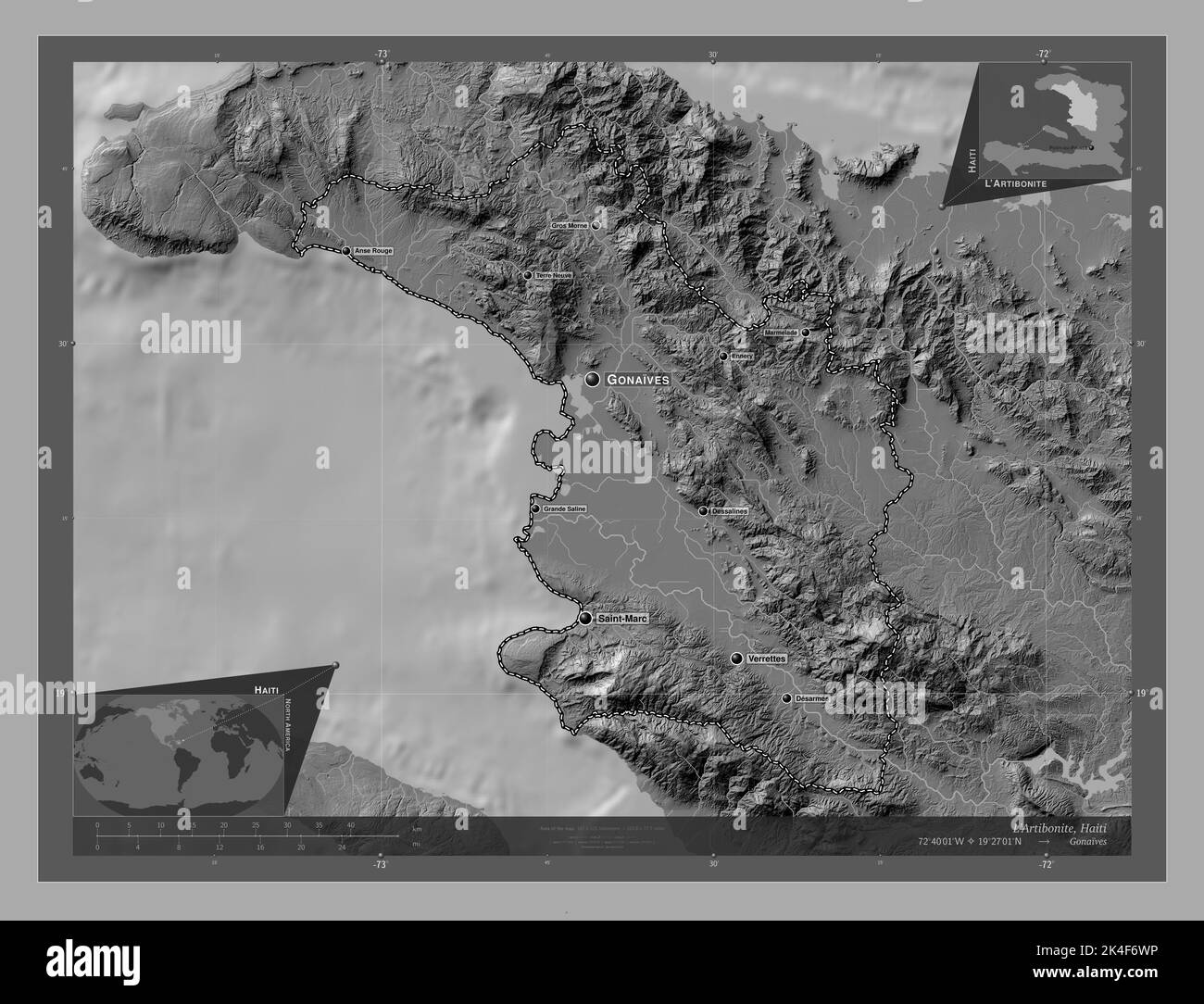 L'Artibonite, department of Haiti. Bilevel elevation map with lakes and rivers. Locations and ...
