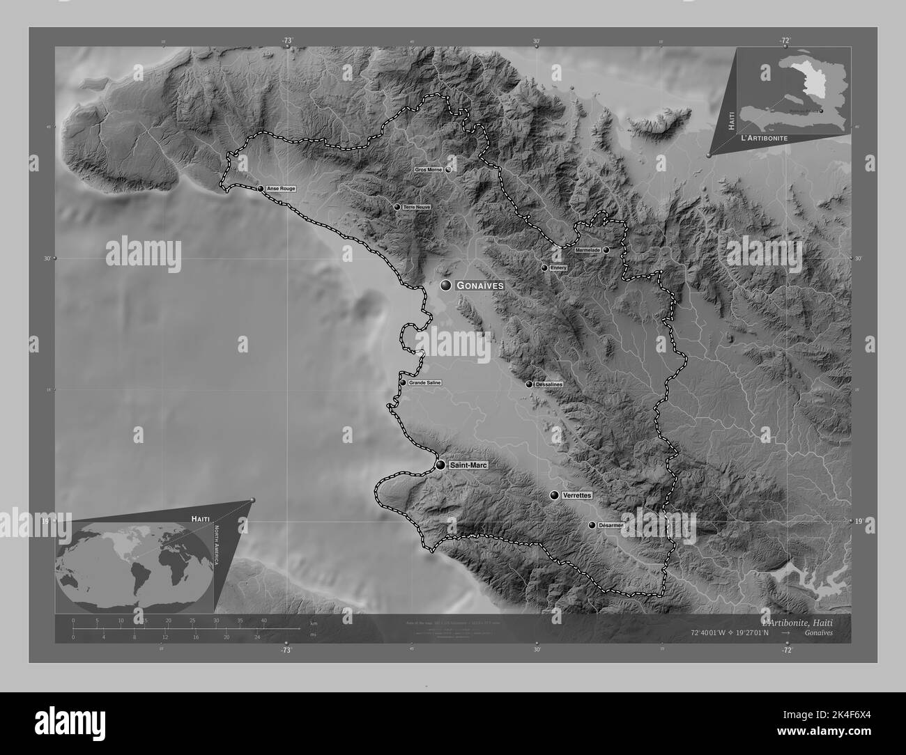L'Artibonite, department of Haiti. Grayscale elevation map with lakes ...