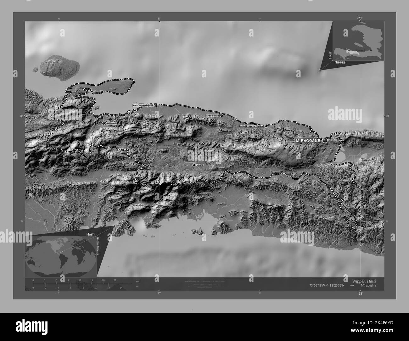 Nippes, department of Haiti. Bilevel elevation map with lakes and rivers. Locations and names of ...