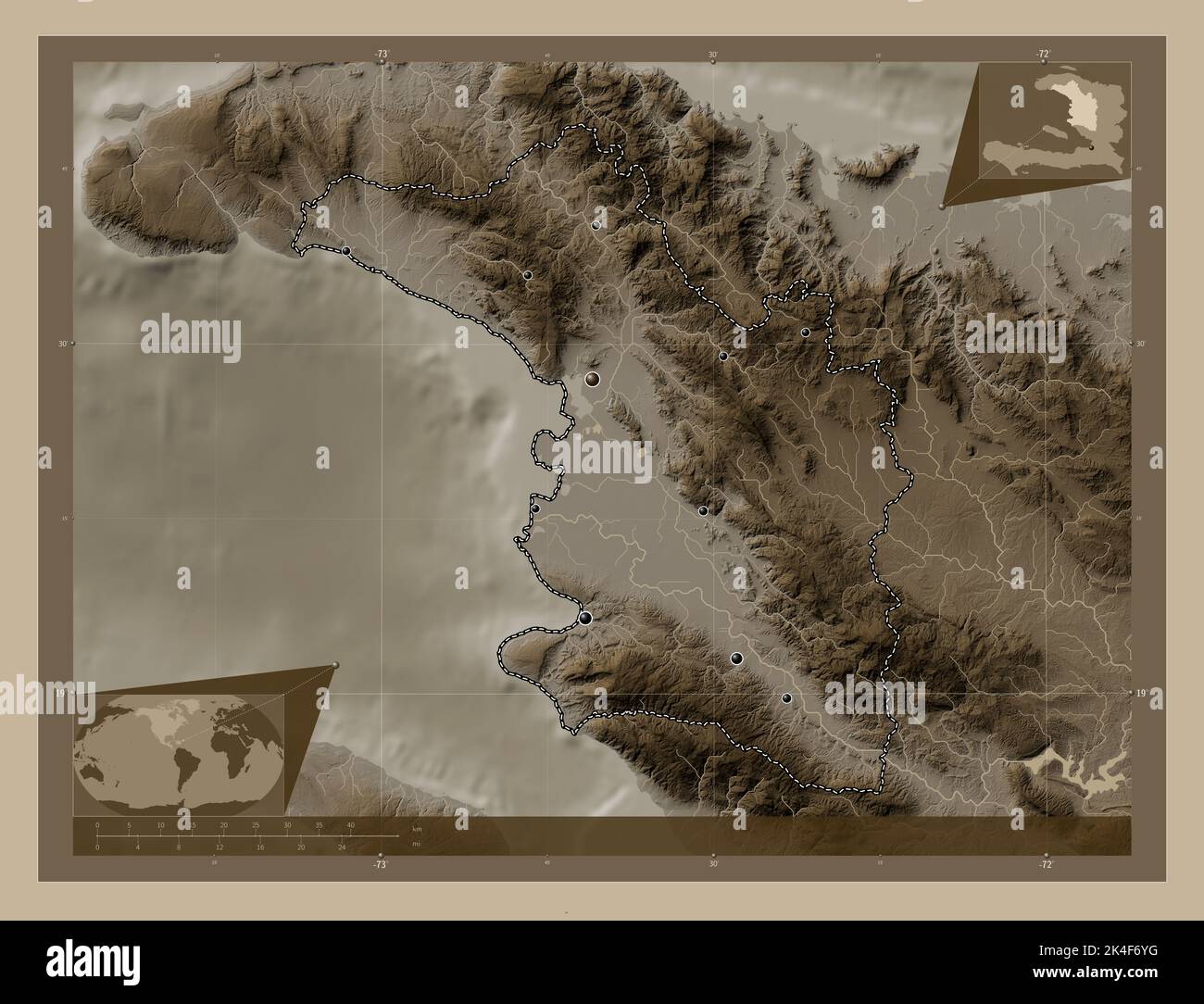 L'Artibonite, department of Haiti. Elevation map colored in sepia tones ...