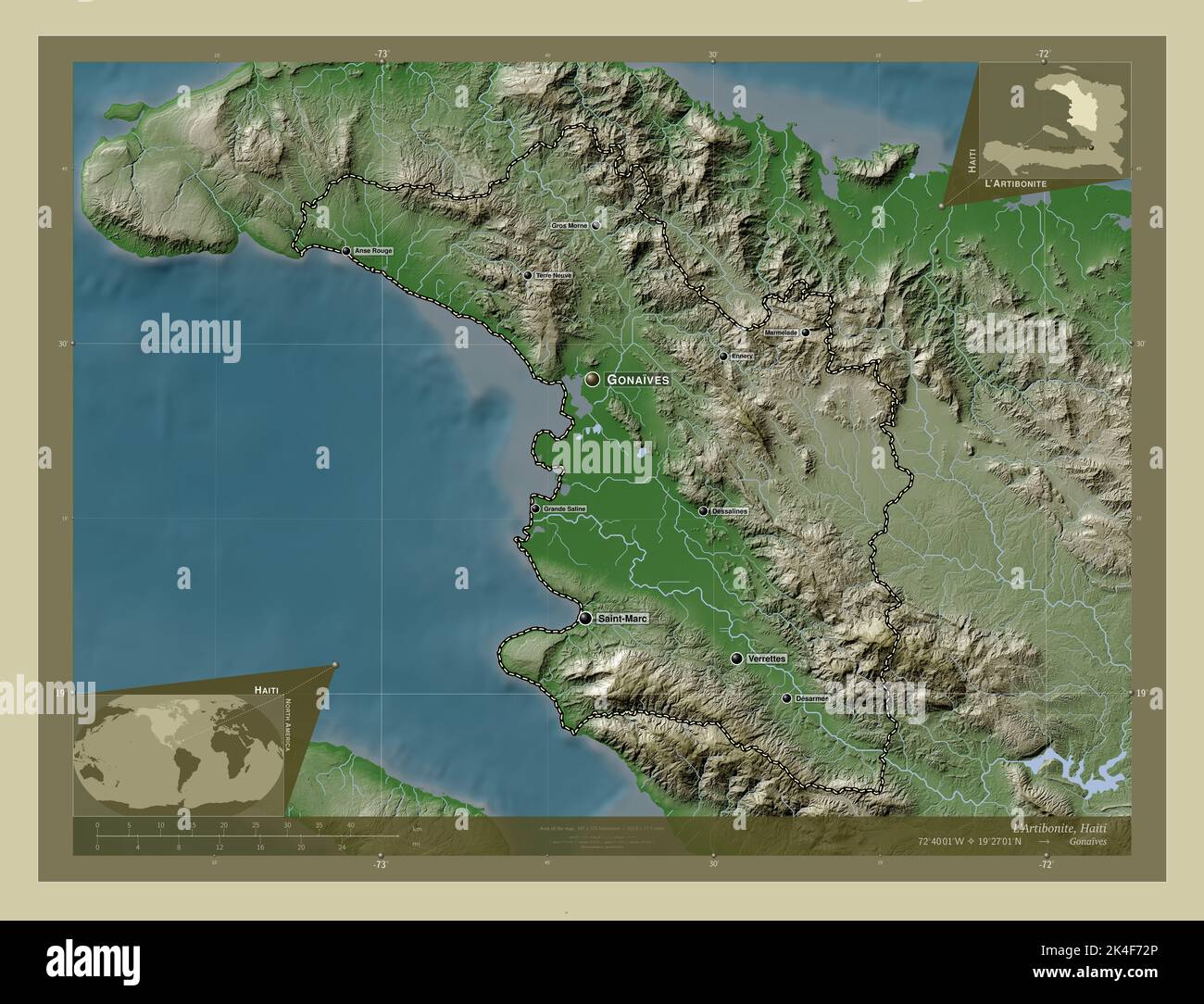 L'Artibonite, department of Haiti. Elevation map colored in wiki style ...