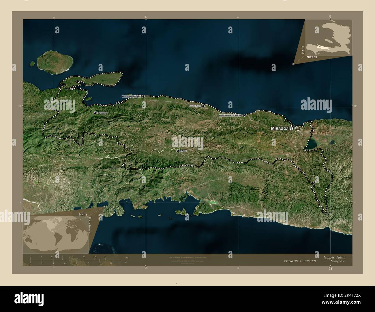 Nippes, department of Haiti. High resolution satellite map. Locations and names of major cities ...