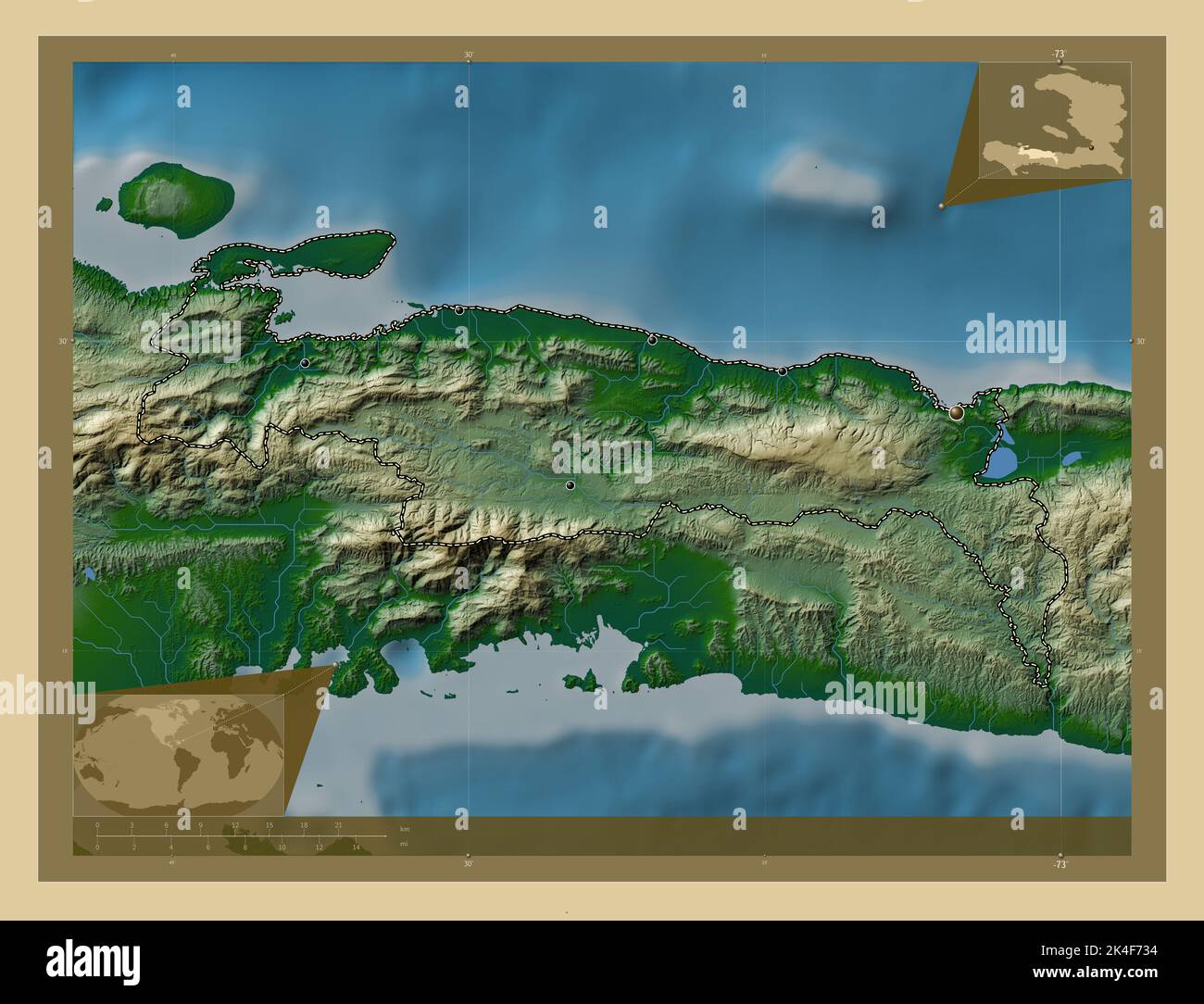 Nippes, department of Haiti. Colored elevation map with lakes and ...