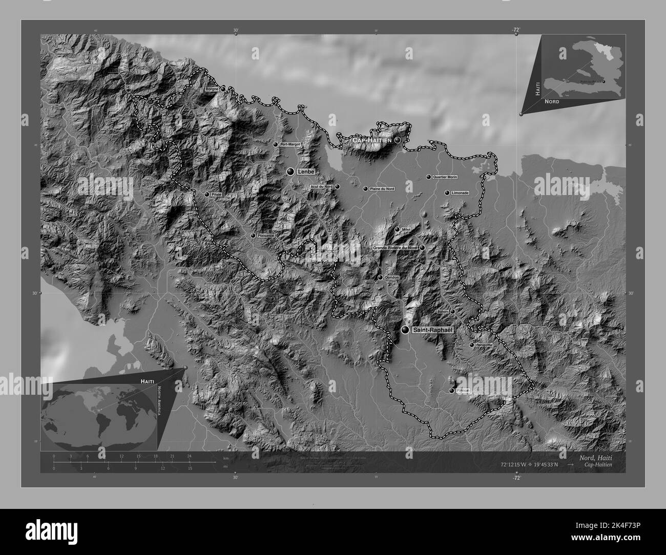 Nord, department of Haiti. Bilevel elevation map with lakes and rivers ...