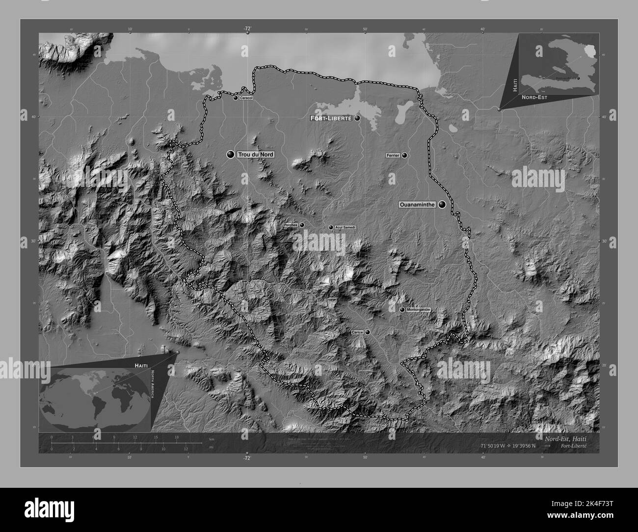 Nord-Est, department of Haiti. Bilevel elevation map with lakes and ...