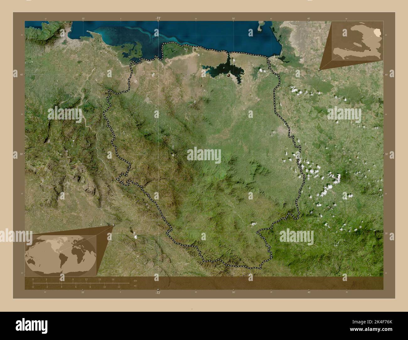 Nord-Est, department of Haiti. Low resolution satellite map. Corner ...