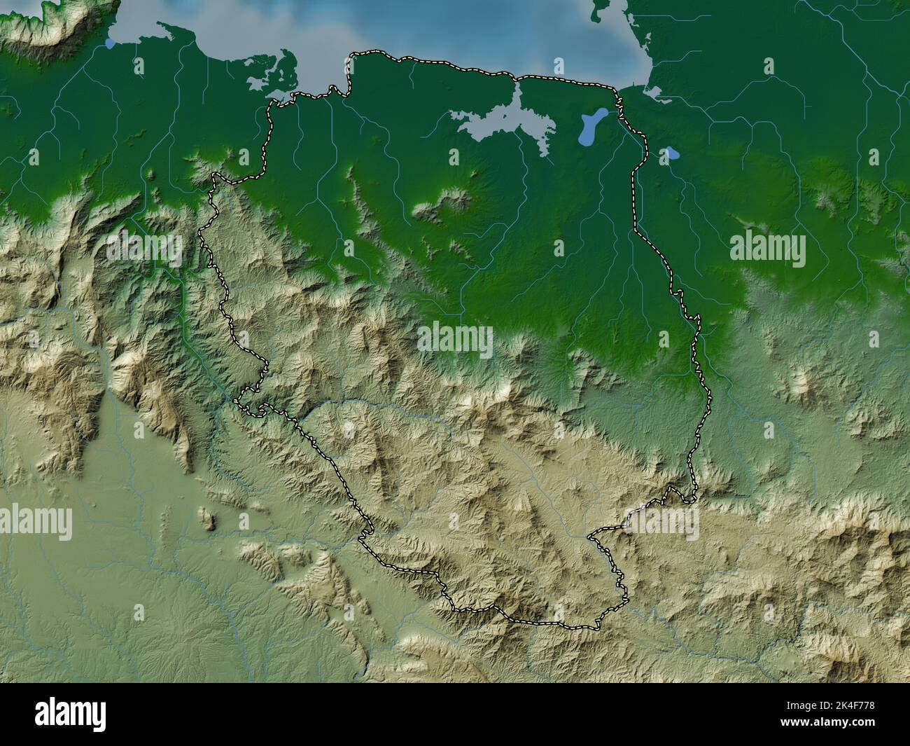 Nord-Est, department of Haiti. Colored elevation map with lakes and ...