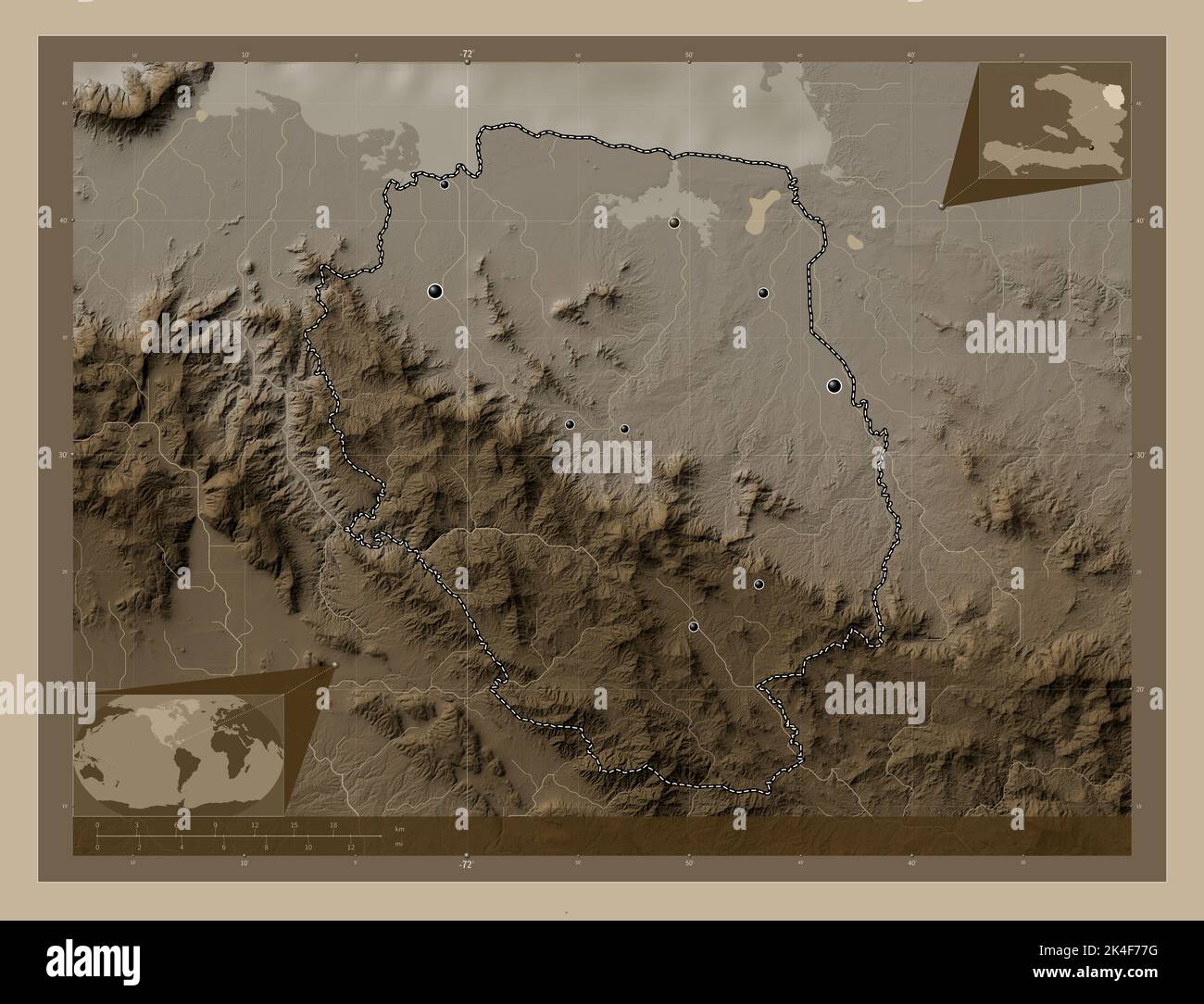 Nord-Est, department of Haiti. Elevation map colored in sepia tones ...