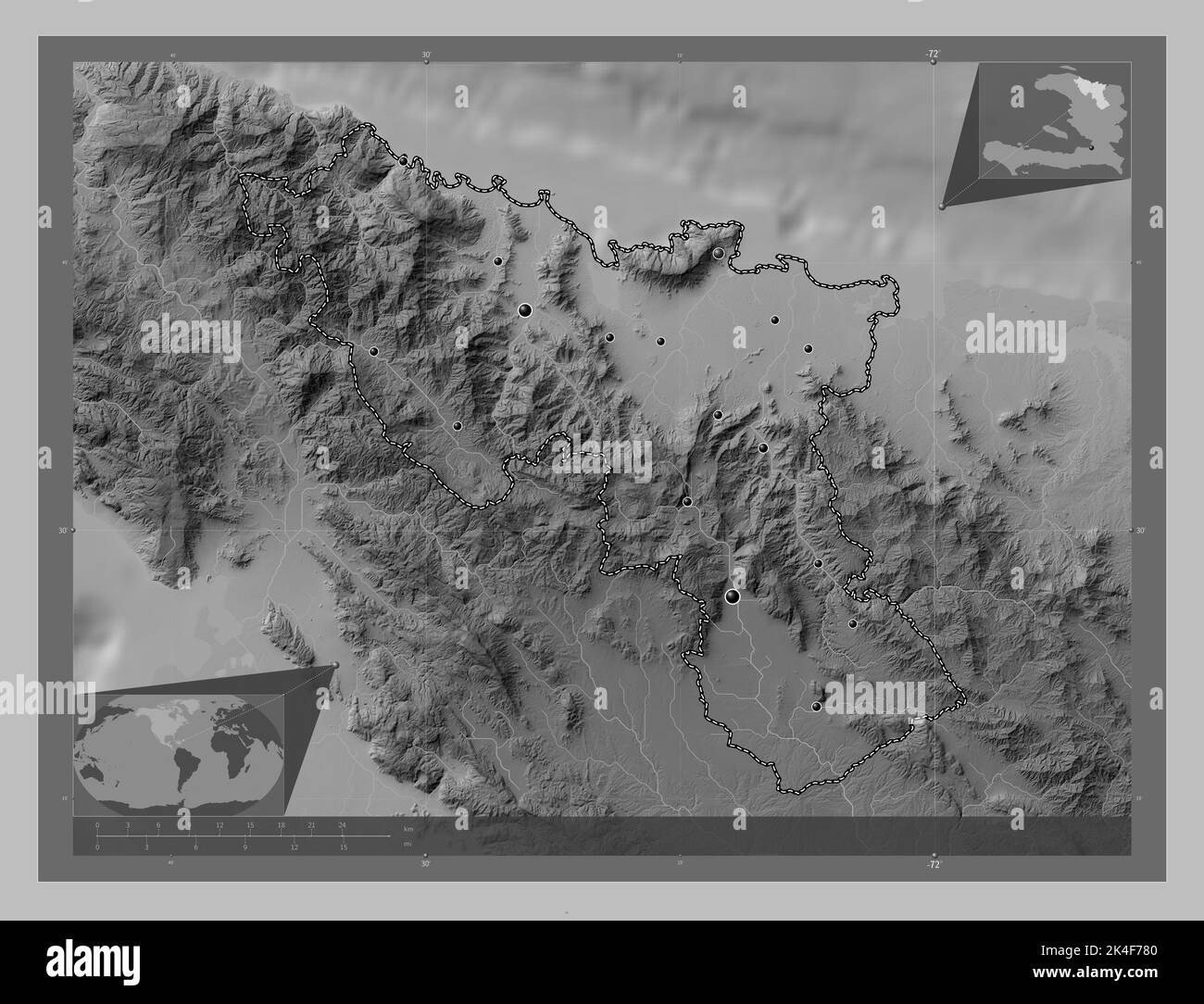 Nord, department of Haiti. Grayscale elevation map with lakes and ...